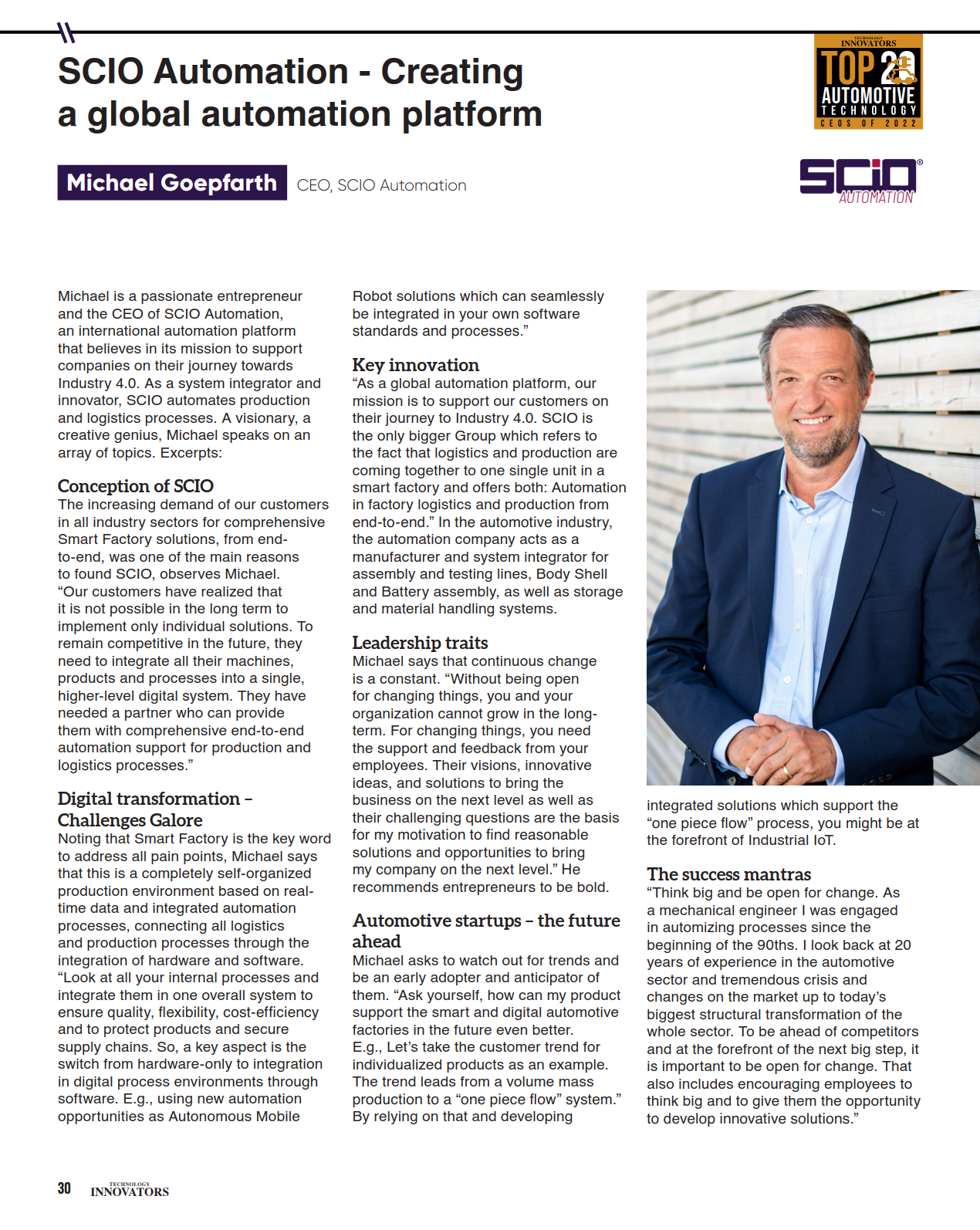 Michael Goepfarth awarded by Technology Innovators Magazine